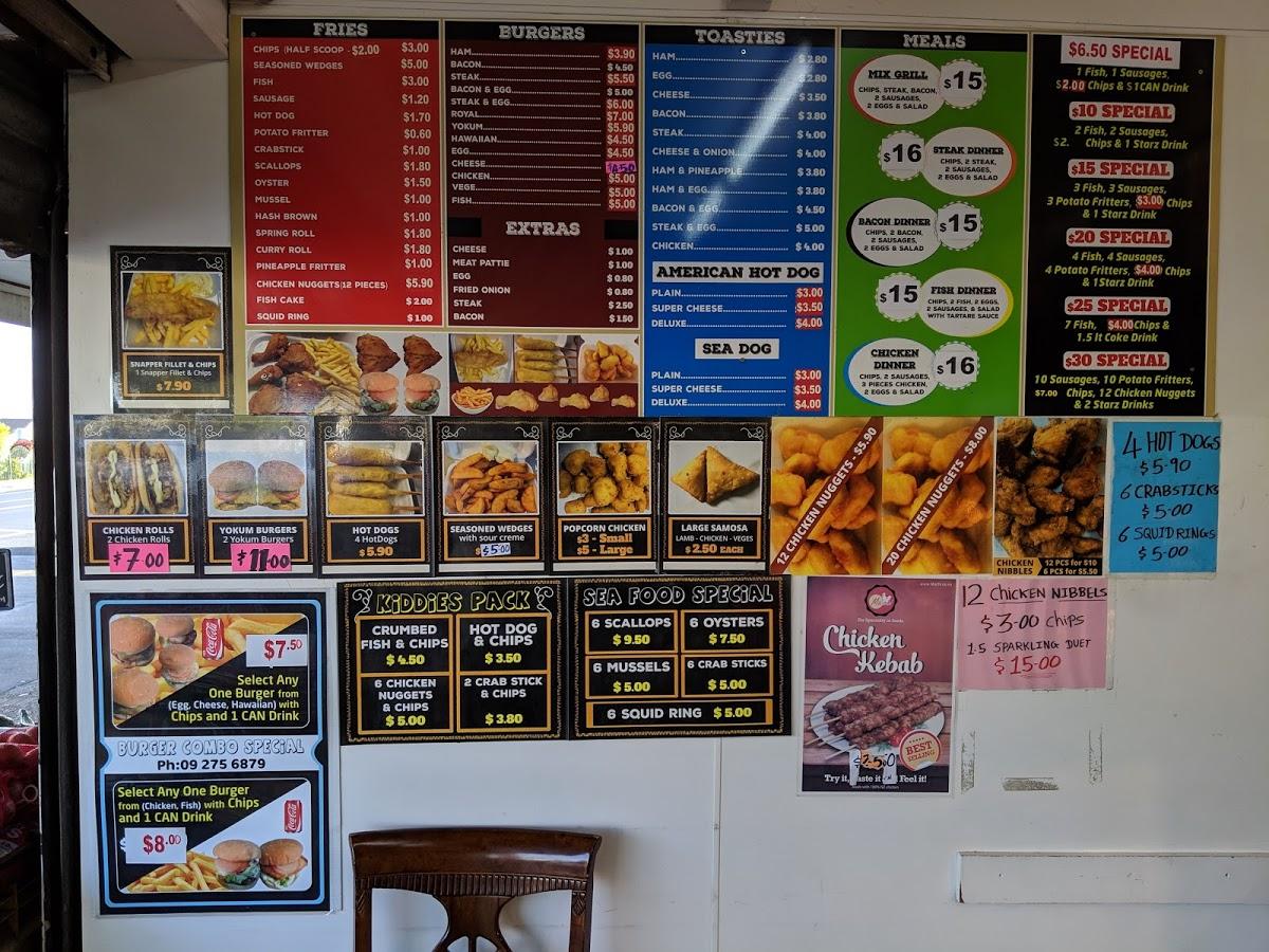 Menu at Airport Takeaways fast food, Auckland