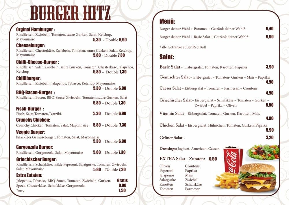 Menu at Burger Hitz fast food, Linz