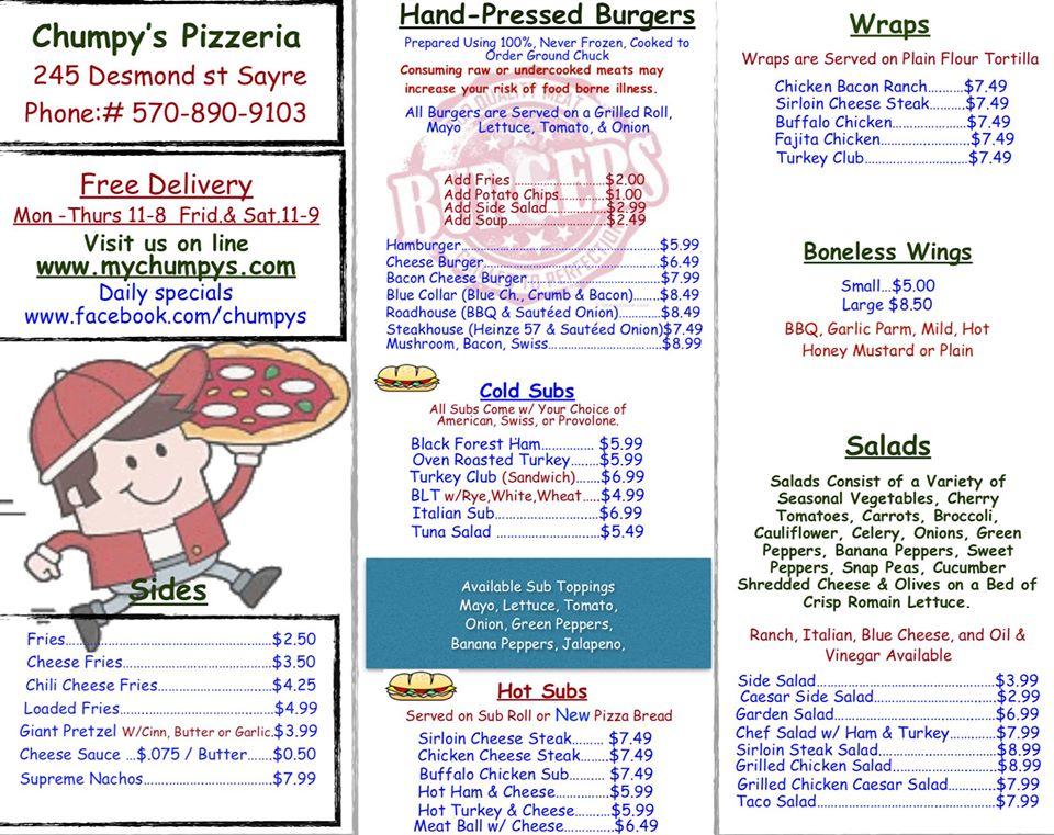 Menu at Chumpy's pizzeria, Sayre