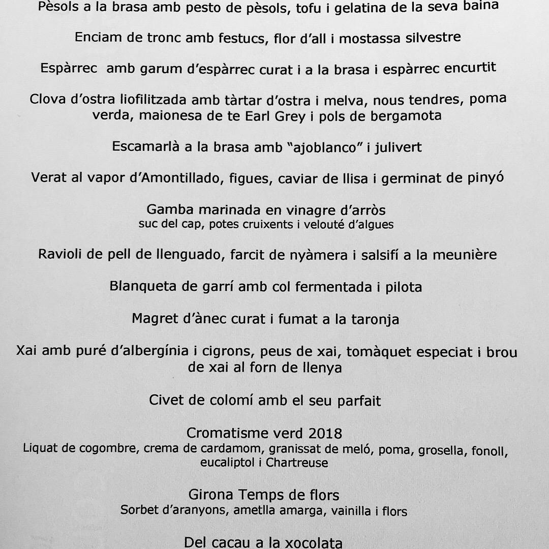 Carta del restaurante El Celler del Can Roca, Gerona