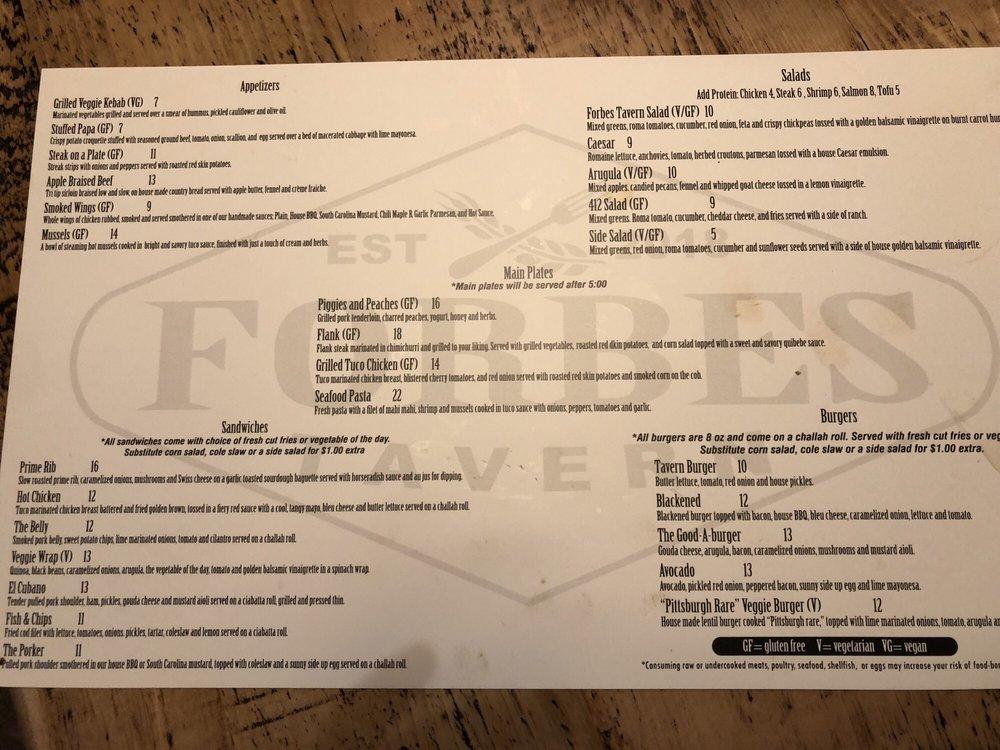 Menu at Forbes Tavern pub & bar, Pittsburgh