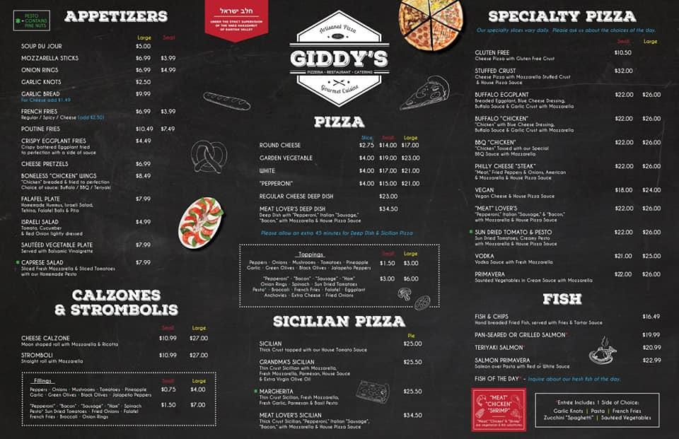 Menu at Giddy's Pizzeria, East Brunswick