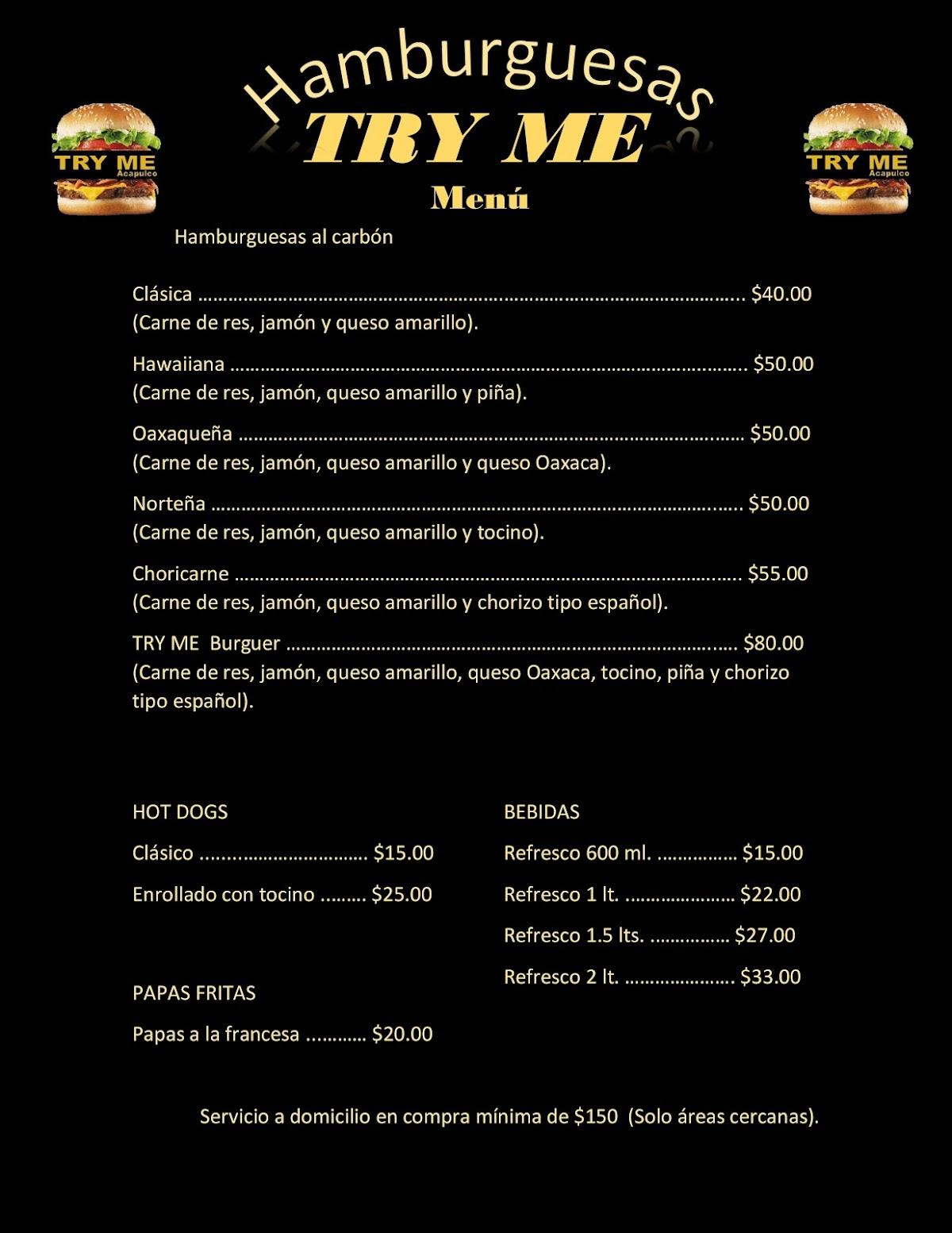 Menu at Hamburguesas Try Me restaurant, Acapulco