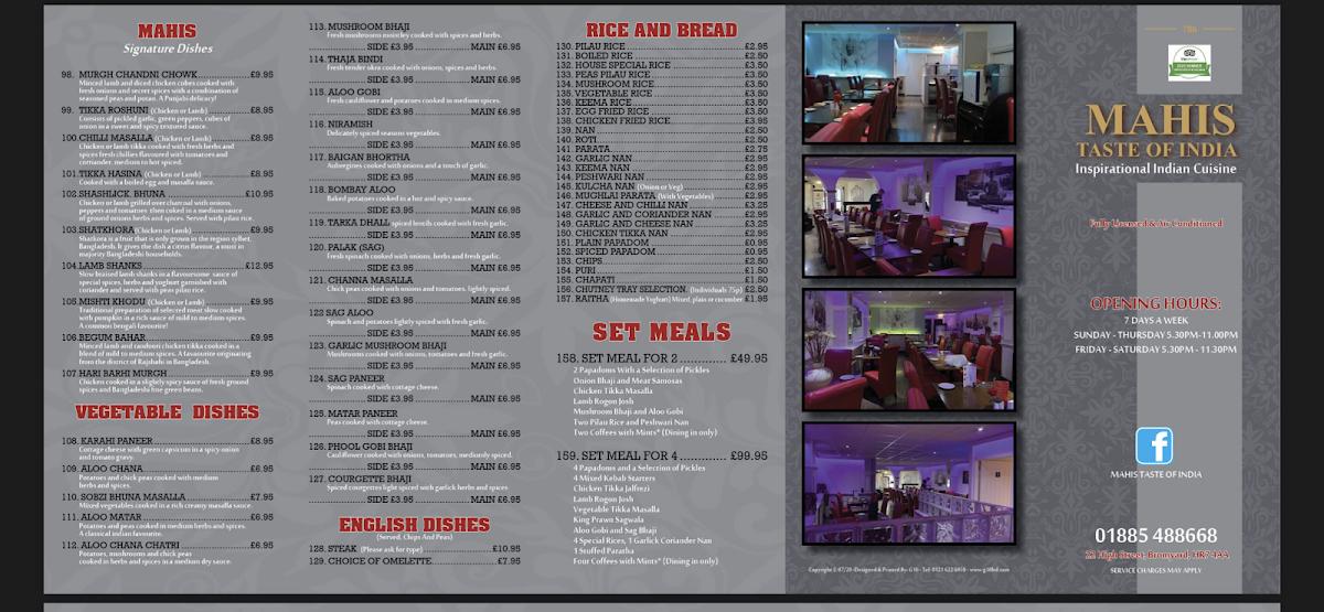 Menu at Mahis restaurant, Bromyard