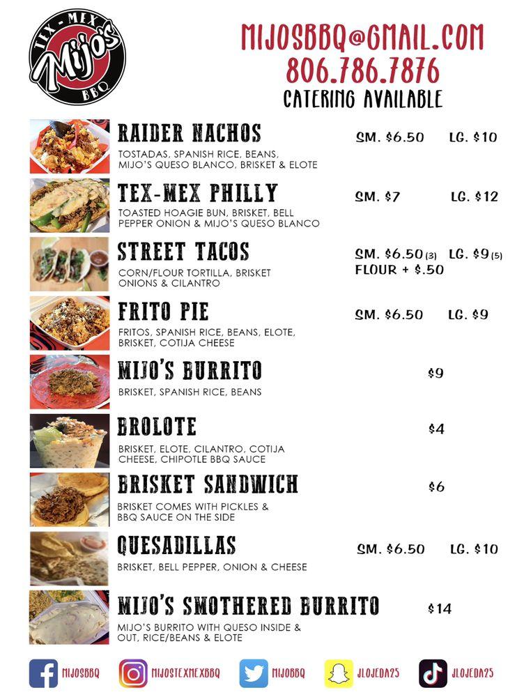 Menu at Mijos Tex-Mex BBQ, Lubbock