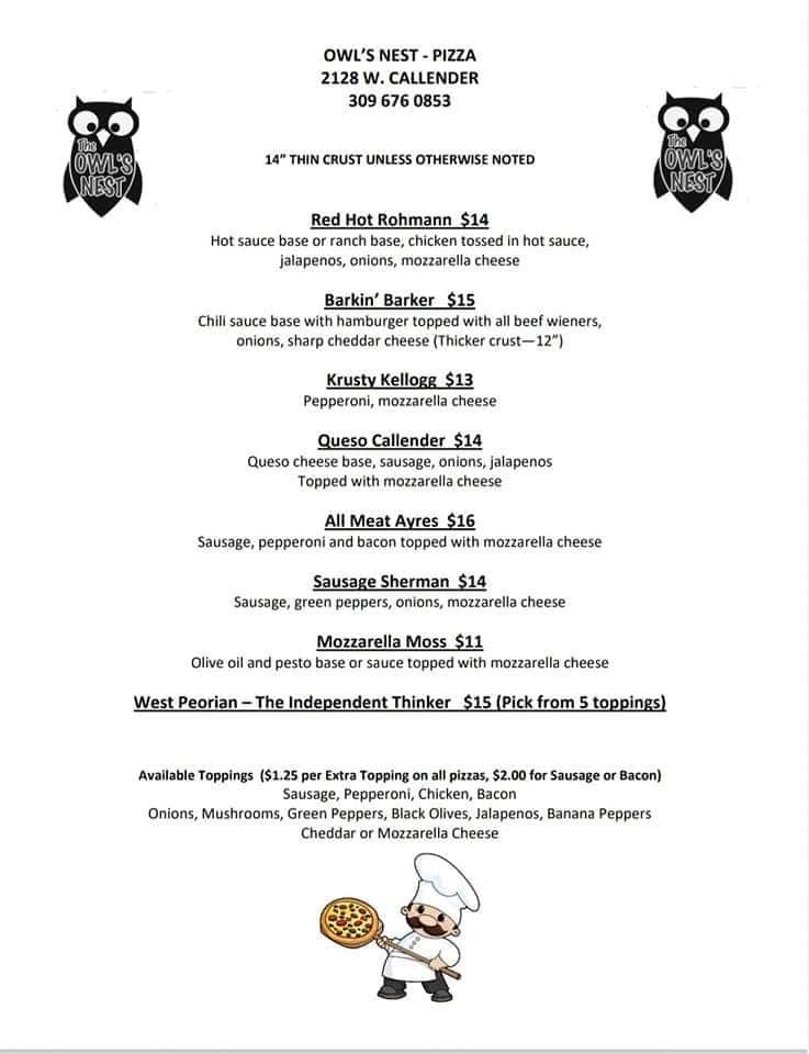 Carta del pub y bar Owls Nest, West Peoria