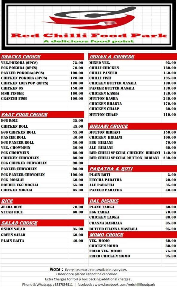 Menu at Red Chilli Food Park, India