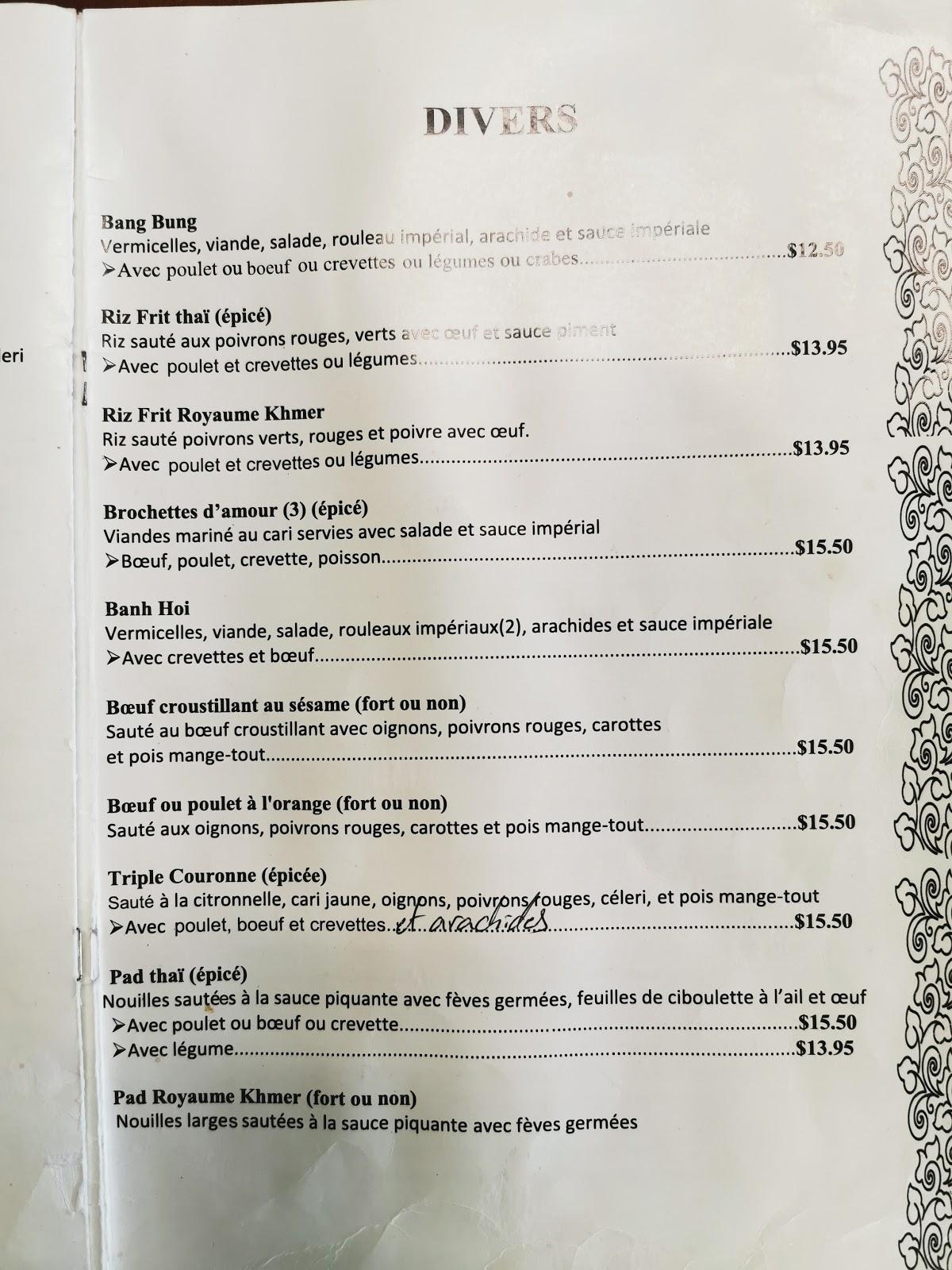 Menu au Restaurant Royaume Khmer, Mont-Saint-Hilaire