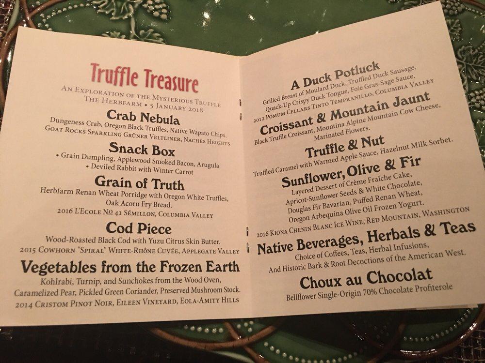 Menu at The Herbfarm restaurant, Woodinville