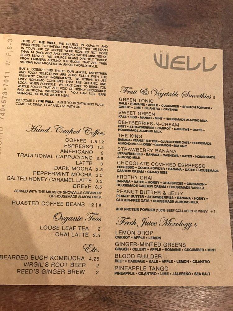 Menu at The Well cafe, Lancaster