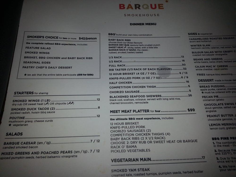 Menu at Barque Smokehouse, Toronto, 299 Roncesvalles Ave