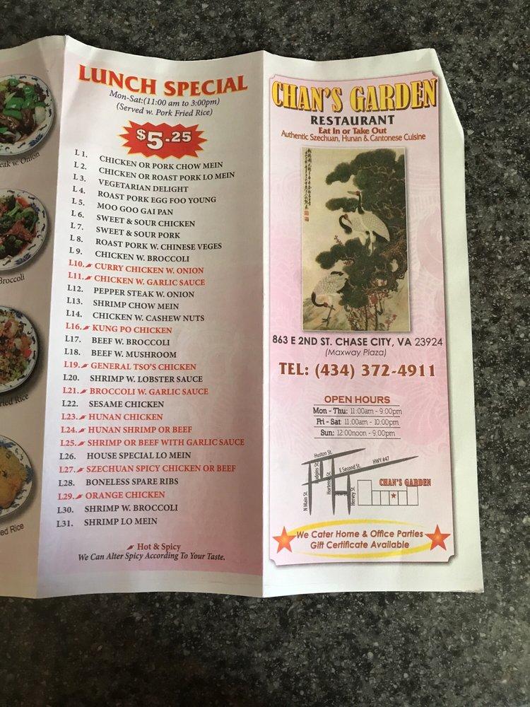 Menu at Chan's Garden restaurant, Chase City
