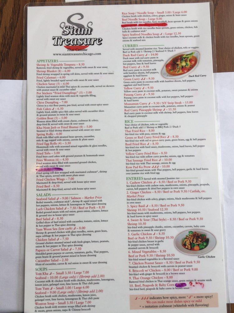 Menu at Siam Treasure restaurant, Chicago