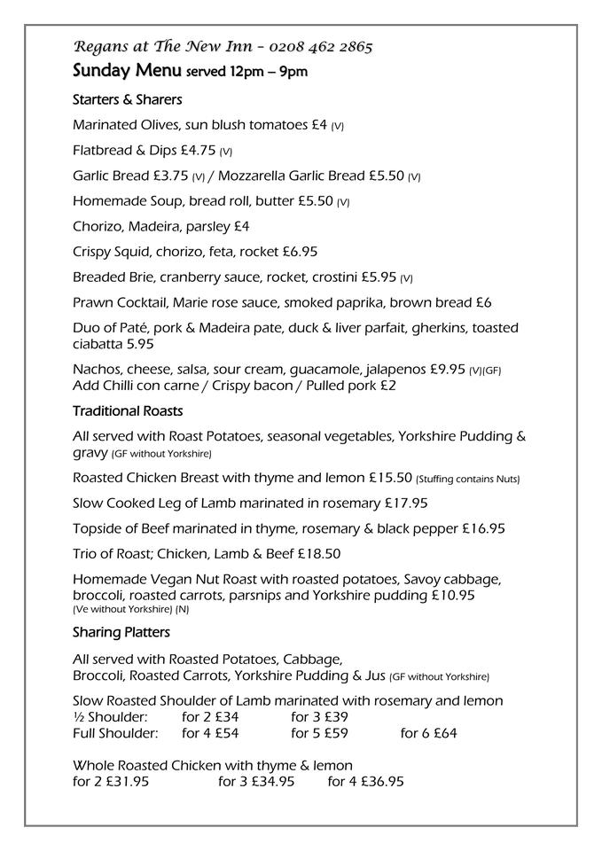 Menu at The New Inn restaurant, Bromley, 59 Station Approach