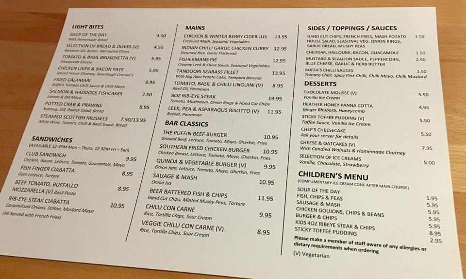Menu at The Puffin restaurant, North Berwick
