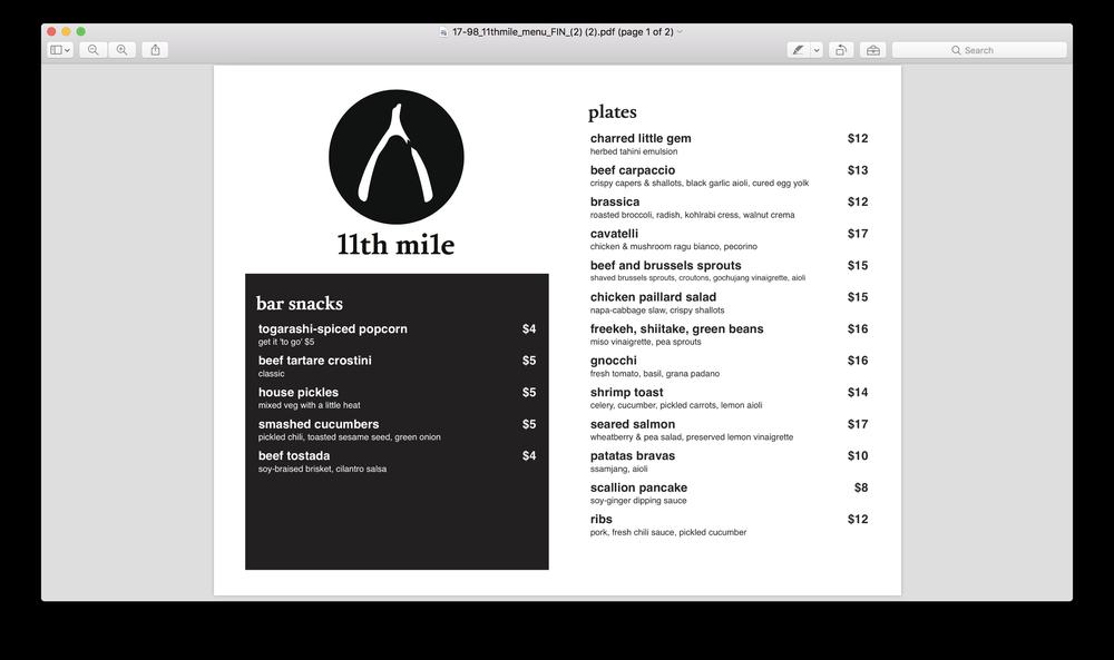Menu at 11th Mile pub & bar, Fredericton