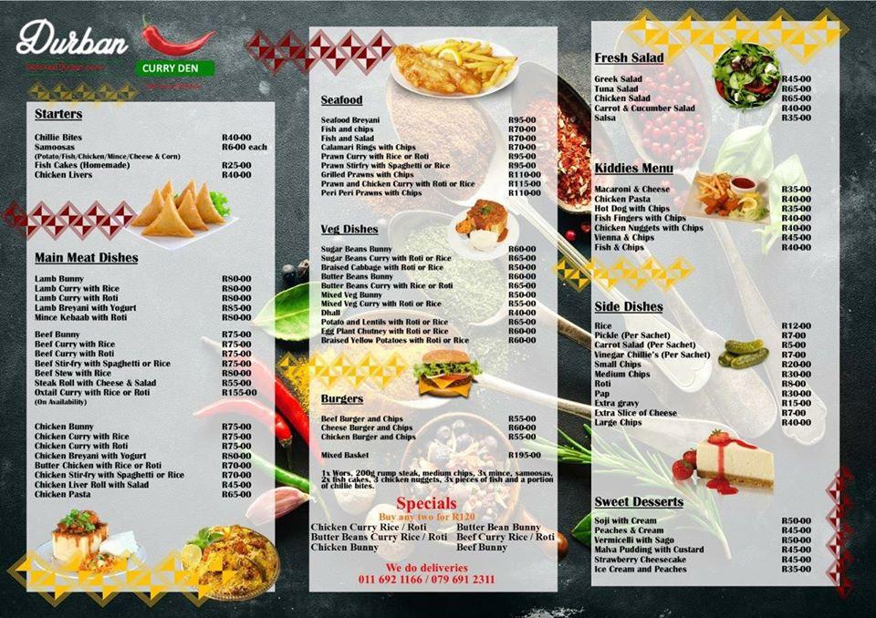 Menu at Durban Curry Den restaurant, Randfontein