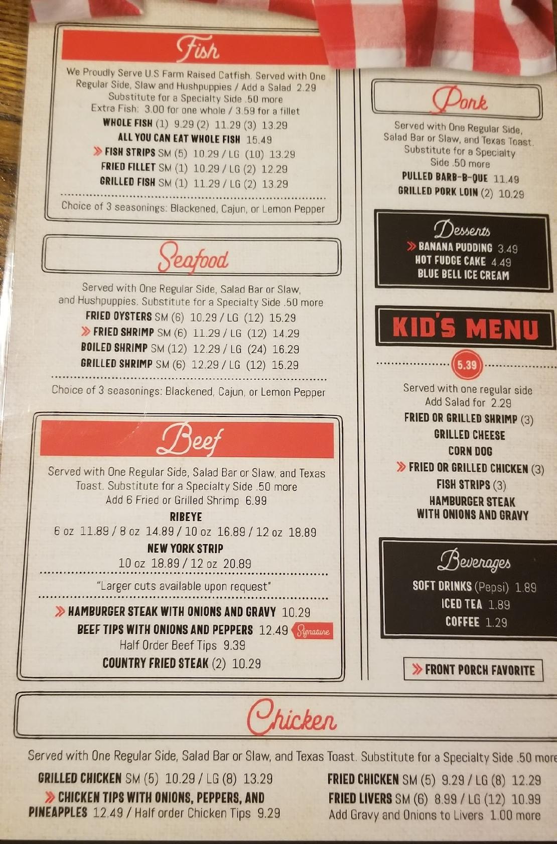 Menu at Front Porch restaurant, Sulligent
