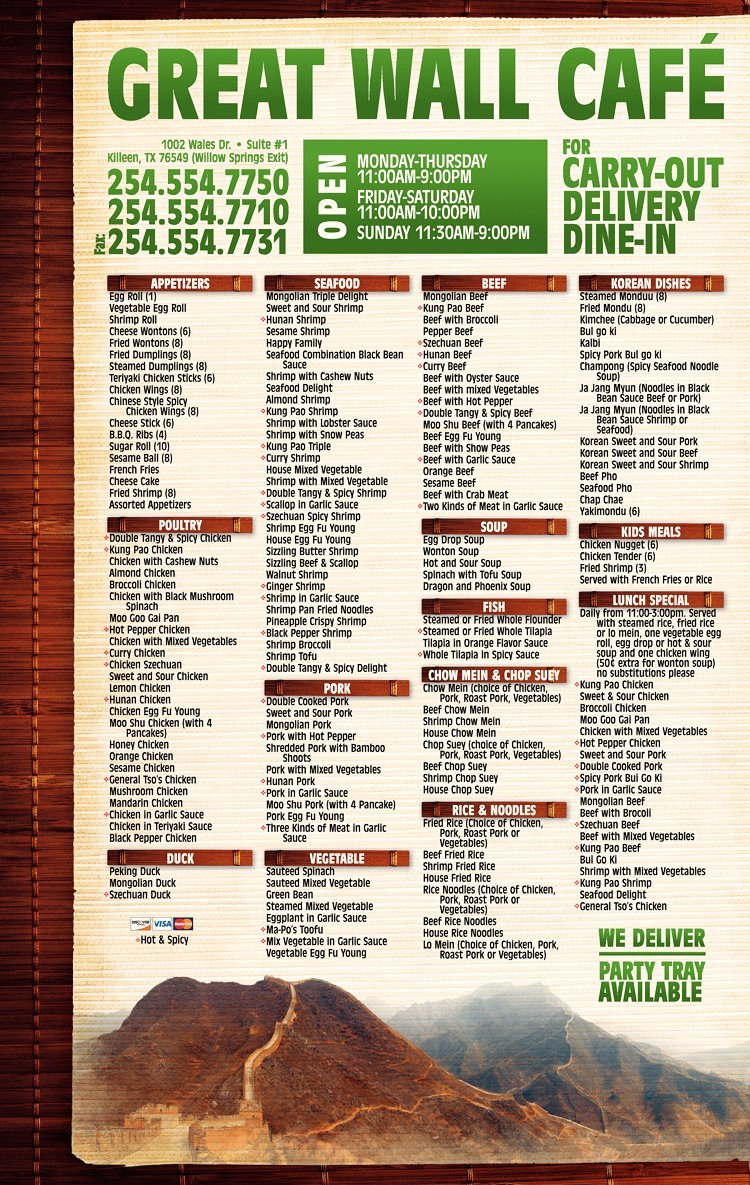 Menu at Great Wall Cafe, Killeen