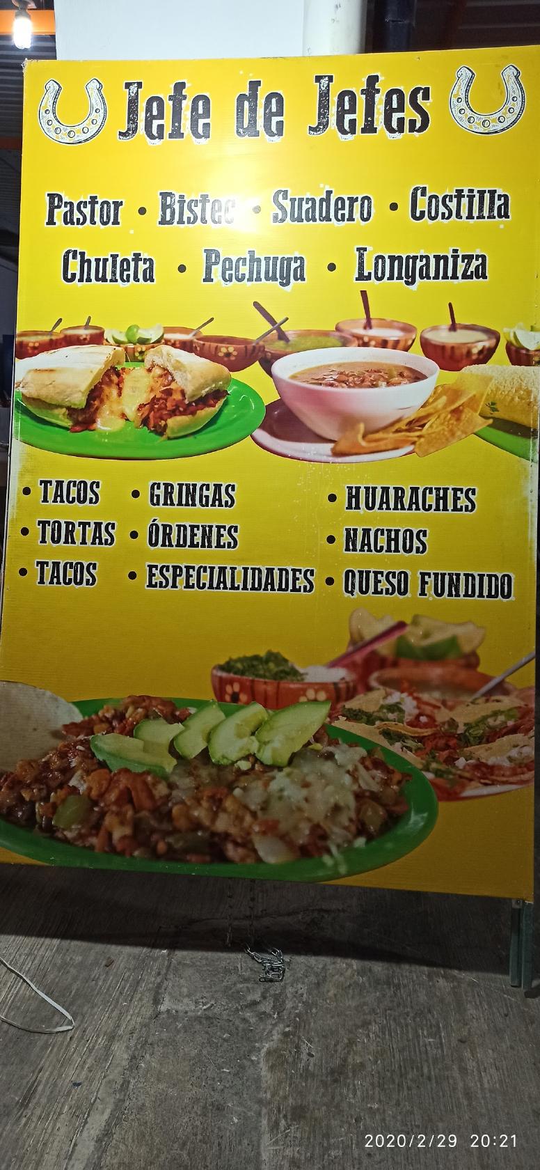 Menu at Jefe de jefes restaurant, Merida