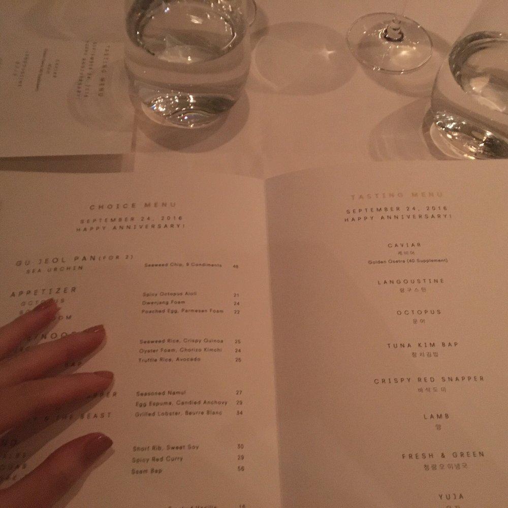 Menu at Jungsik restaurant, New York City