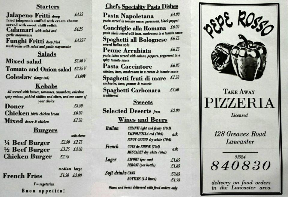 Menu at Pepe Rosso fast food, Lancaster