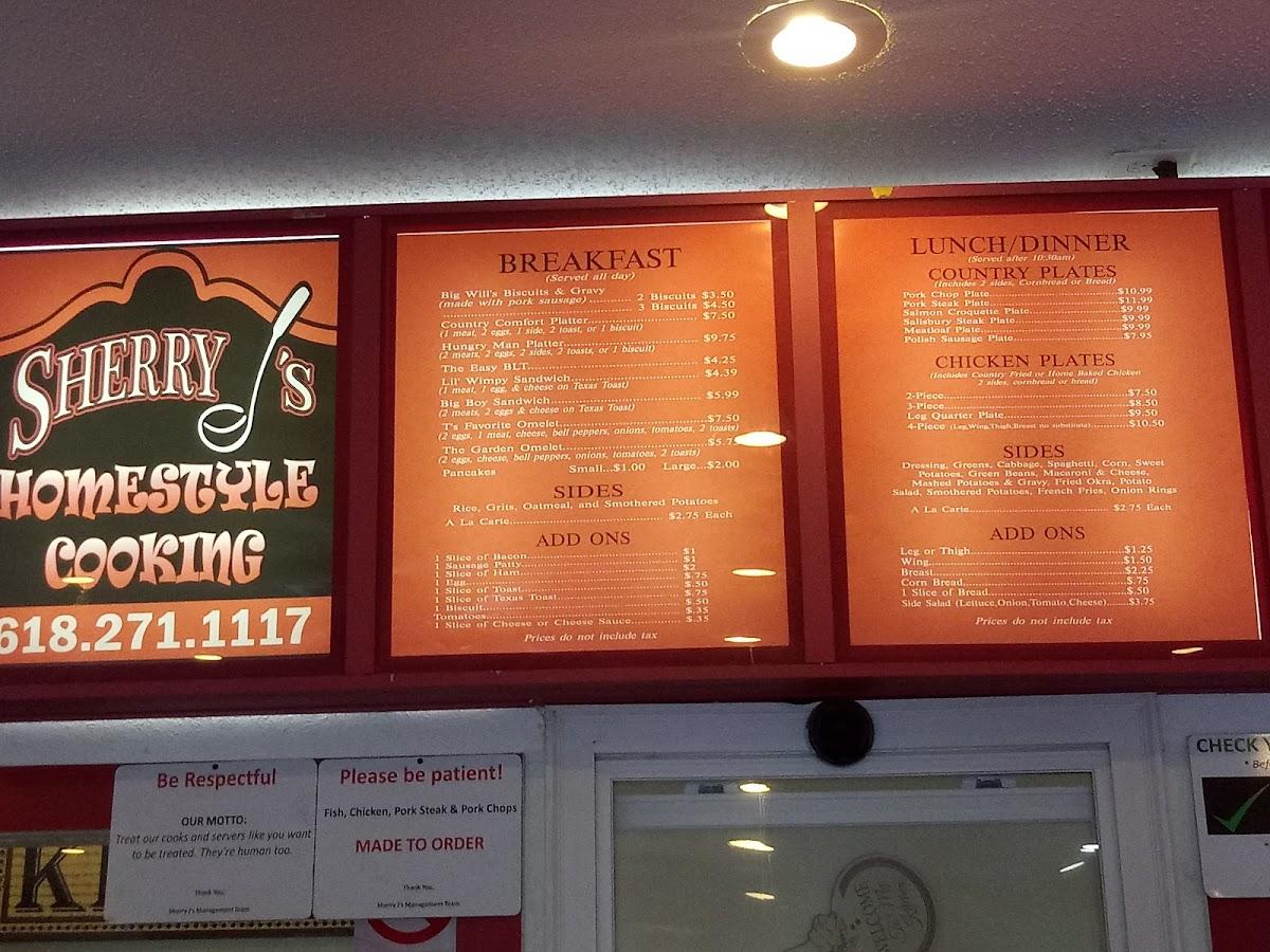 Menu at Sherry J's Homestyle Cooking restaurant, Washington Park, Bunkum Rd