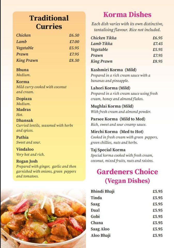 Menu at Taj Mahal restaurant, Newport-on-Tay