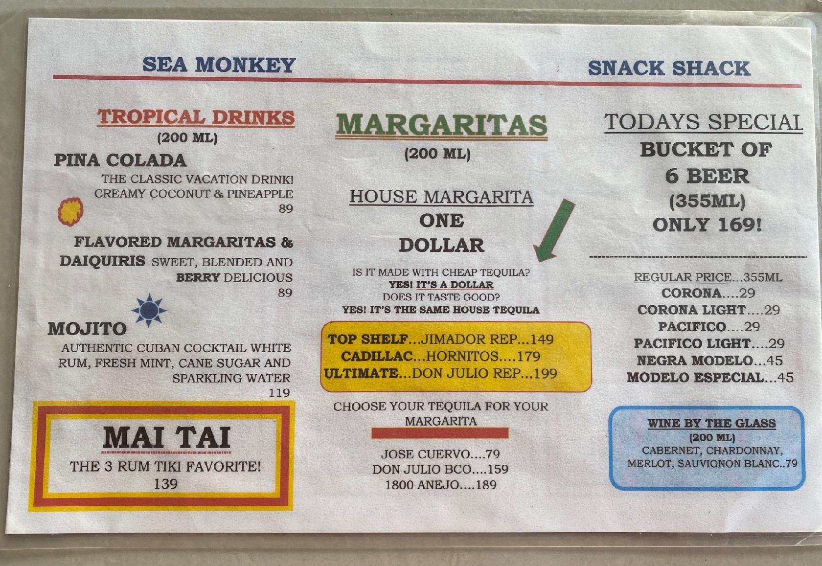 Menu at The Sea Monkey pub & bar, Puerto Vallarta, Olas Altas 299