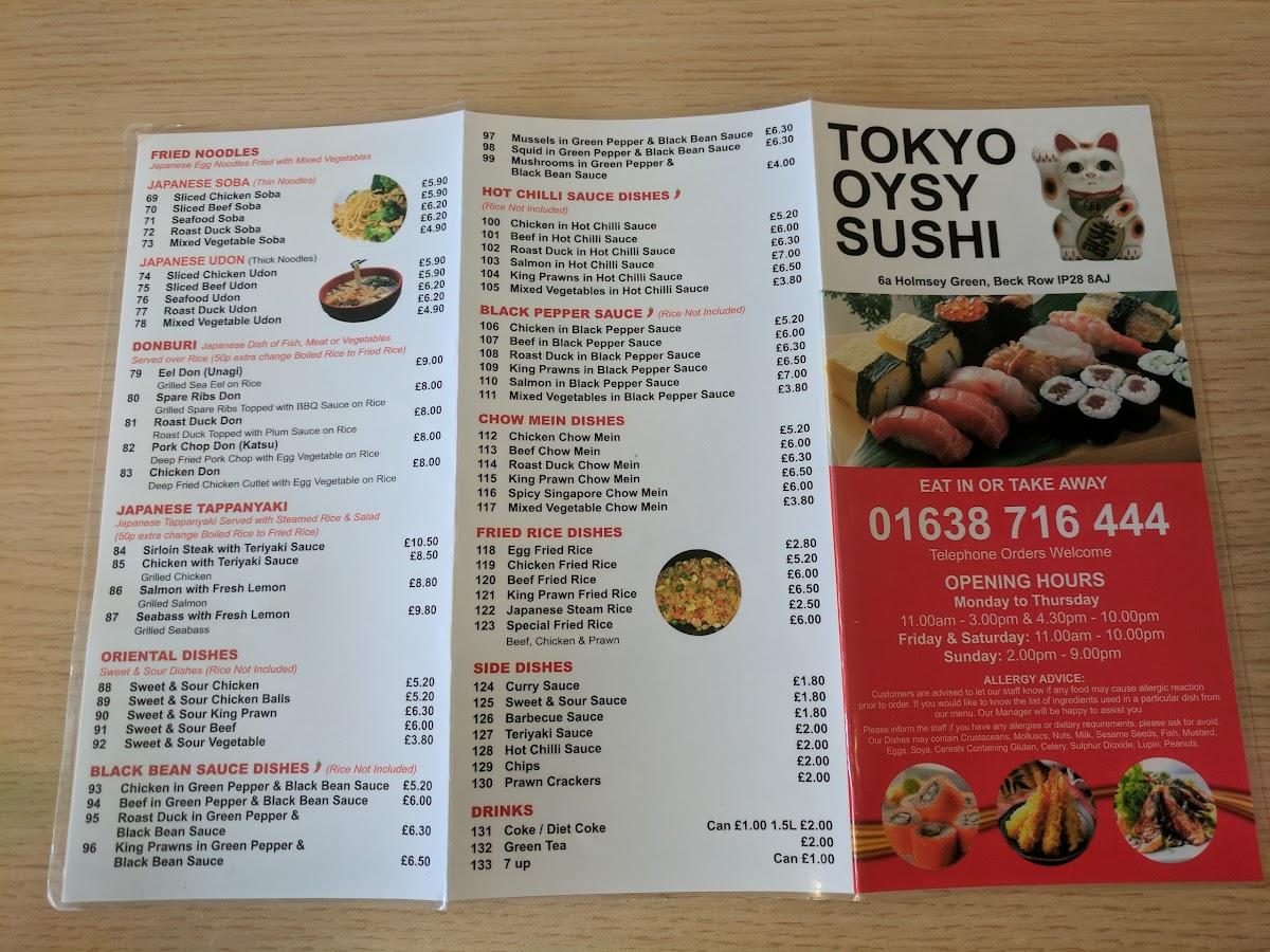 Menu at Tokyo Oysy Sushi restaurant, Beck Row