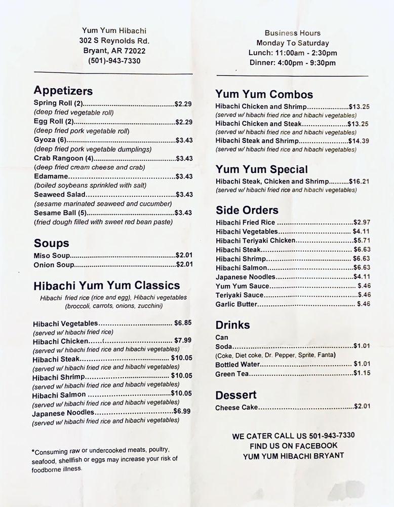Menu at Yum Yum Bryant restaurant, Bryant