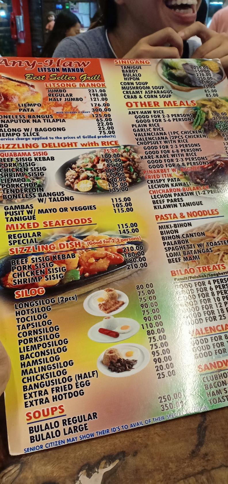 Menu at Any-Haw Litson Manok restaurant, Santa Maria, JP Rizal St