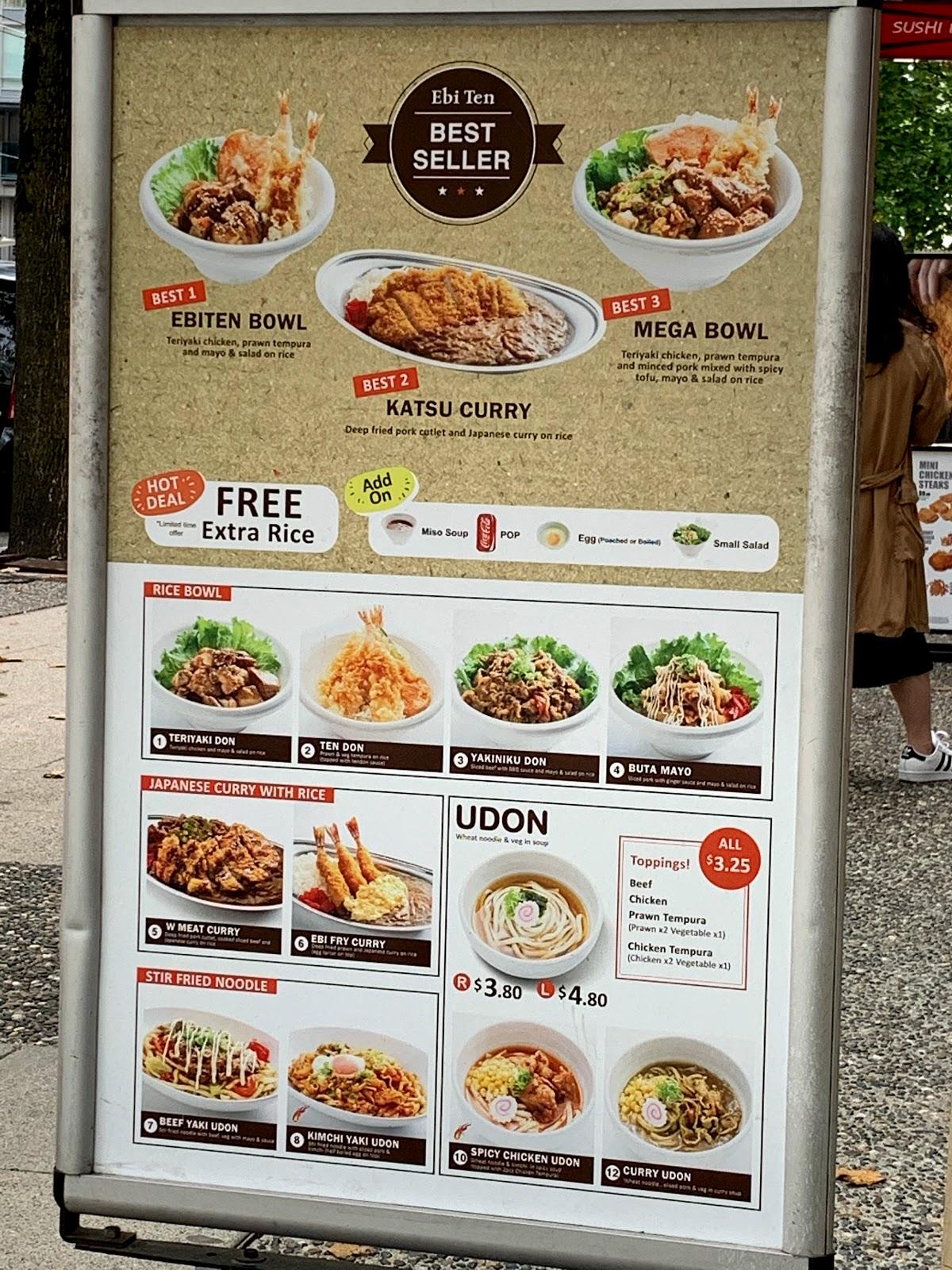 Menu at Ebi-Ten fast food, Vancouver
