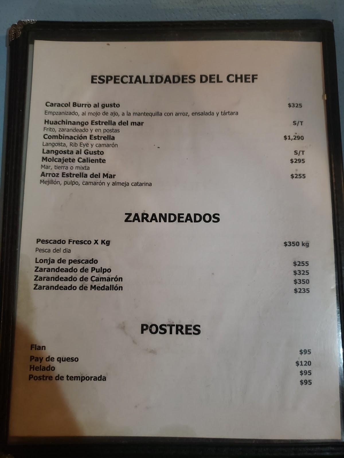 Menu at Estrella del Mar restaurant, La Paz