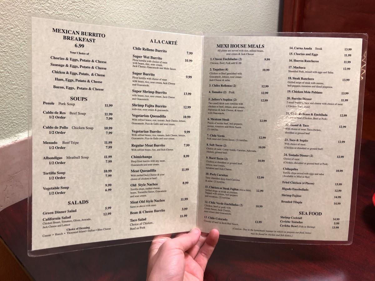 Menu at Mi Jalisco's Taqueria restaurant, Brentwood