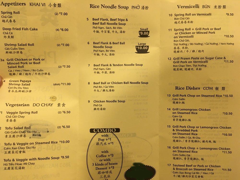 Menu at Phở Pasteur Restaurant, Burnaby