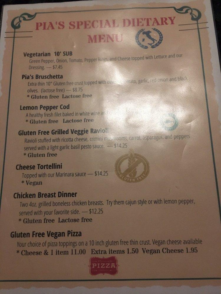 Menu at Pia's Ristorante Italiano pizzeria, Taylor