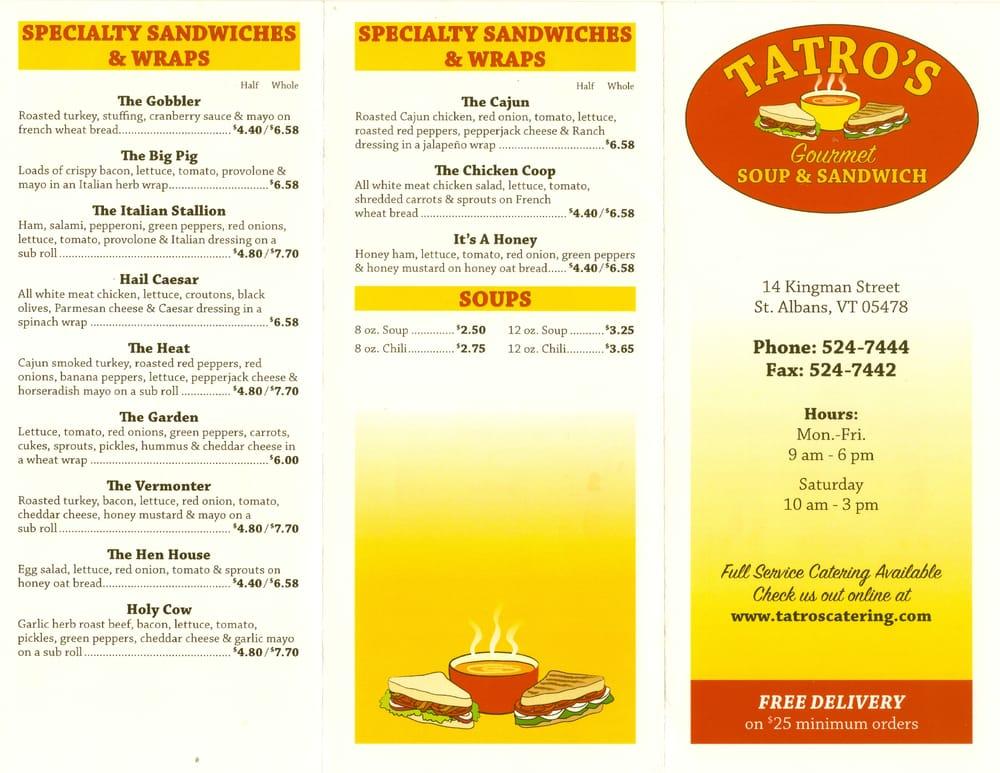 Menu at Tatro's Soup & Sandwich restaurant, Saint Albans City