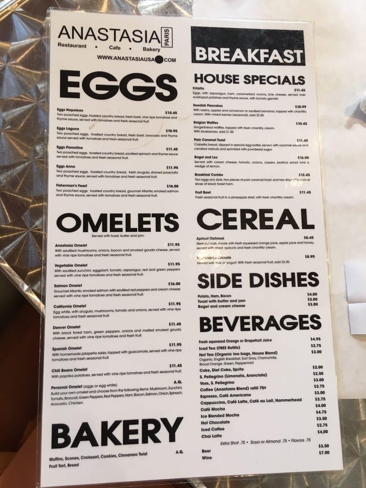 Menu at Anastasia Cafe, Laguna Beach