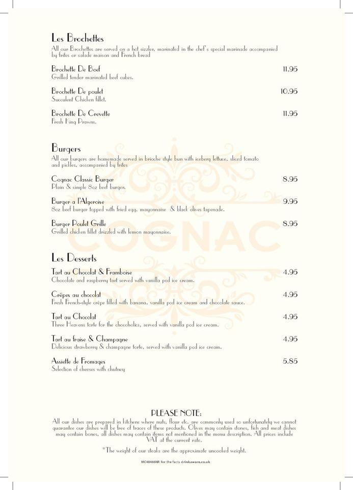Menu at Cognac Restaurant, Hull