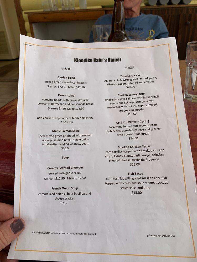 Menu at Klondike Kate's Restaurant, Dawson