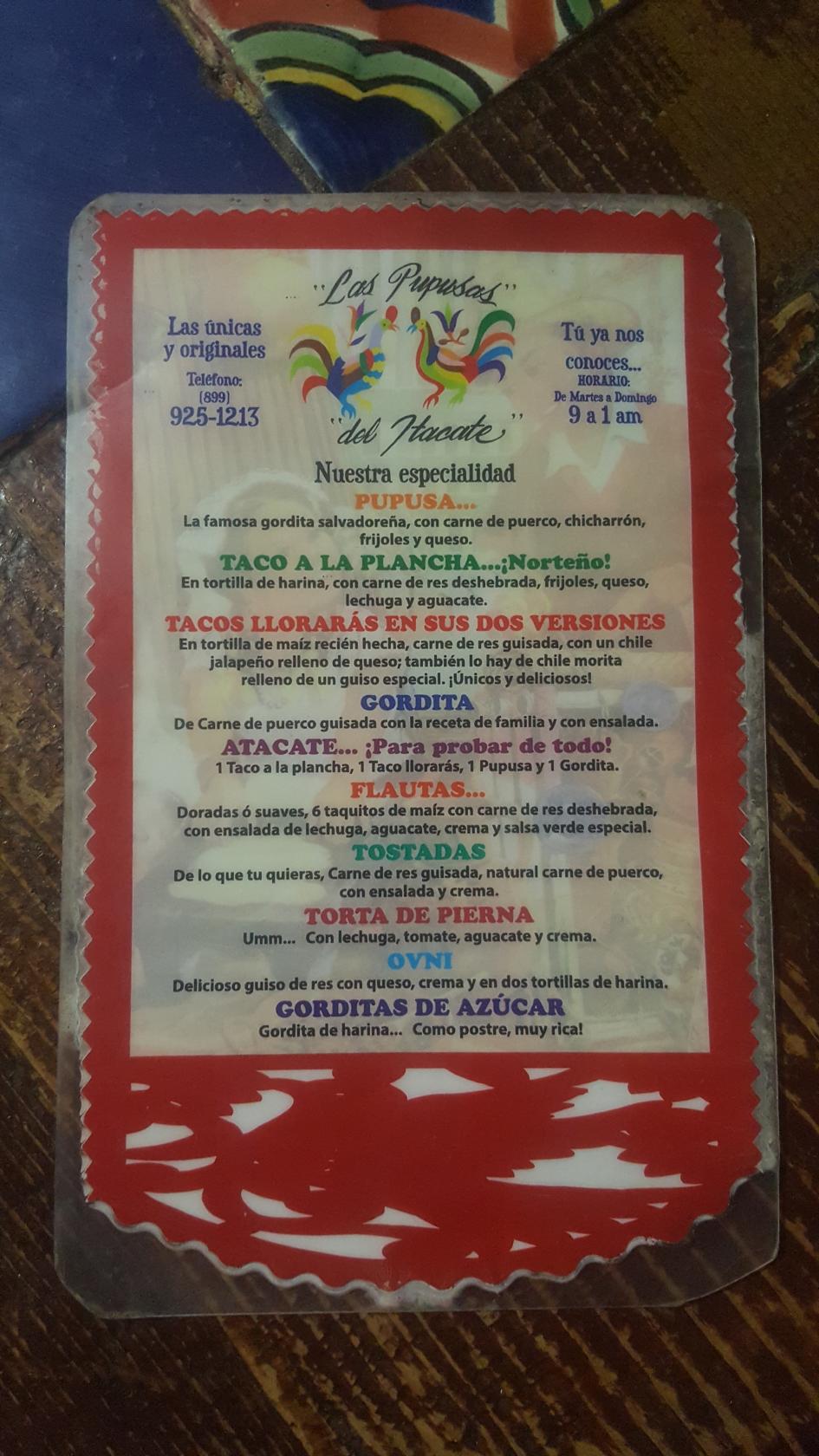 Carta del restaurante Las Pupusas del Itacate, Reynosa