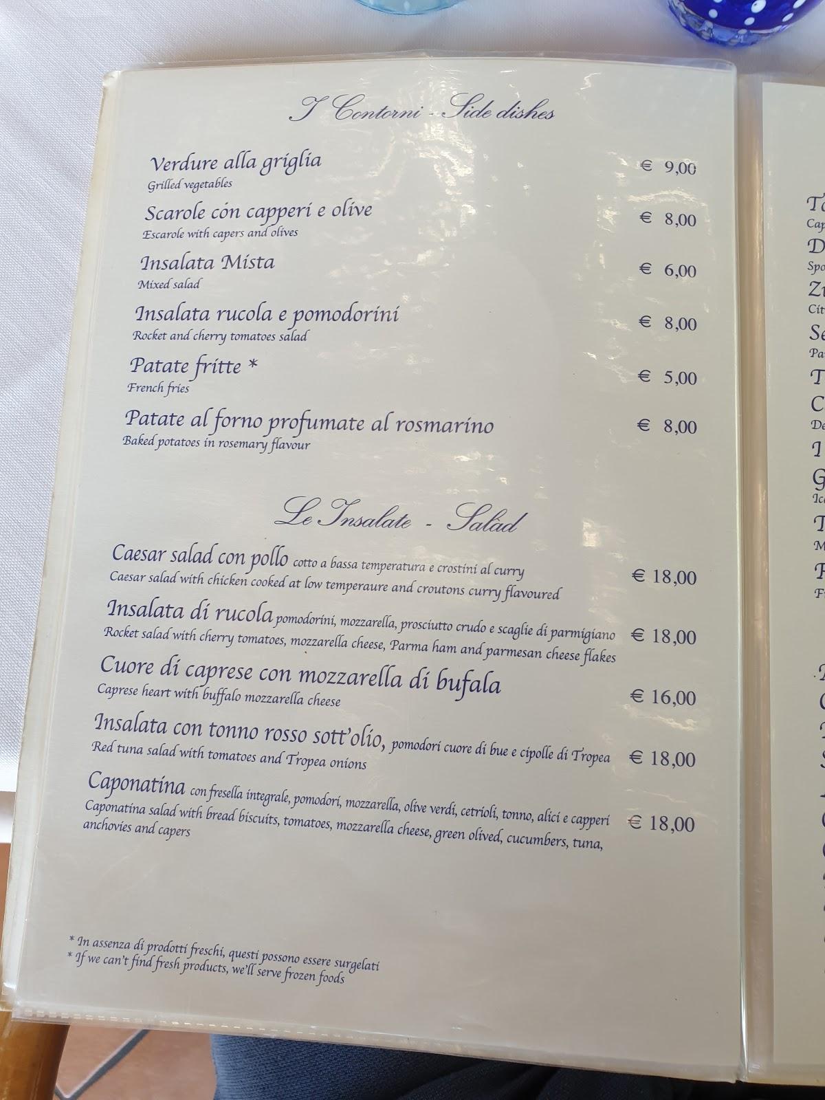Menu at Lo Zodiaco restaurant, Capri