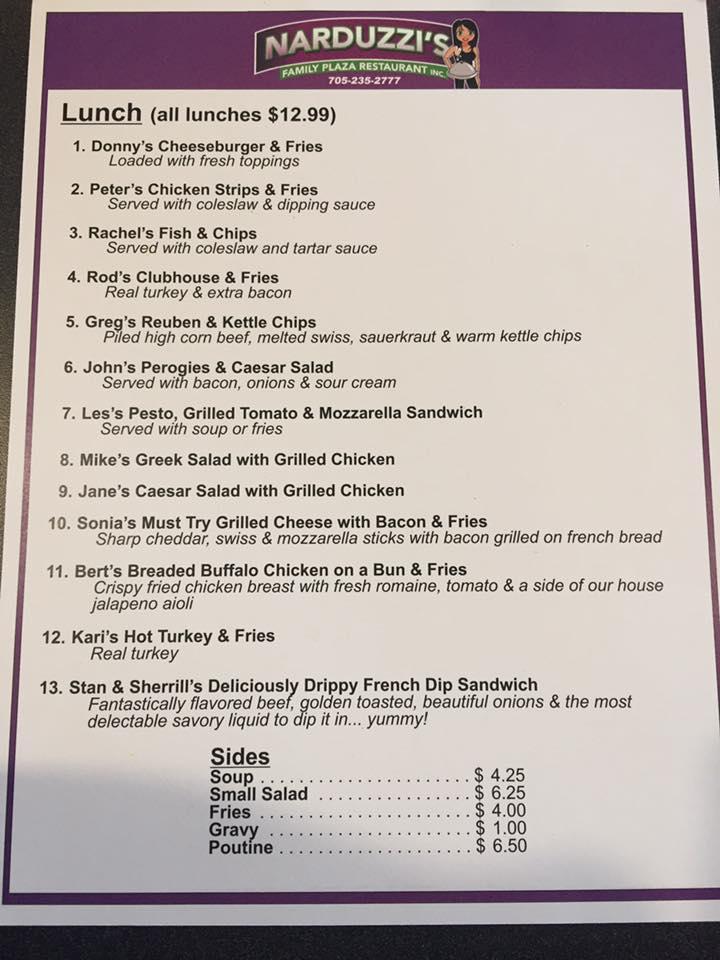 Menu at Narduzzi's Family Plaza Restaurant, Timmins