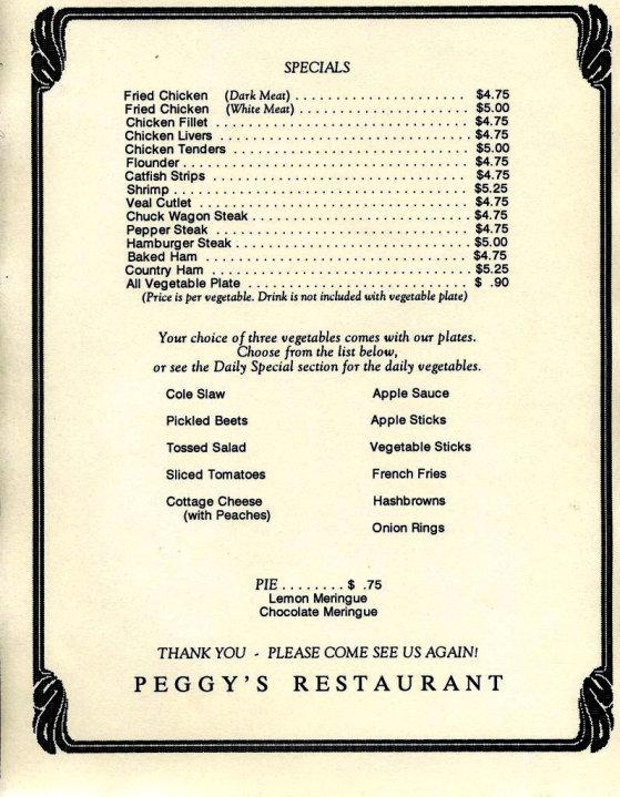 Menu at Peggy's Restaurant, Kings Mountain