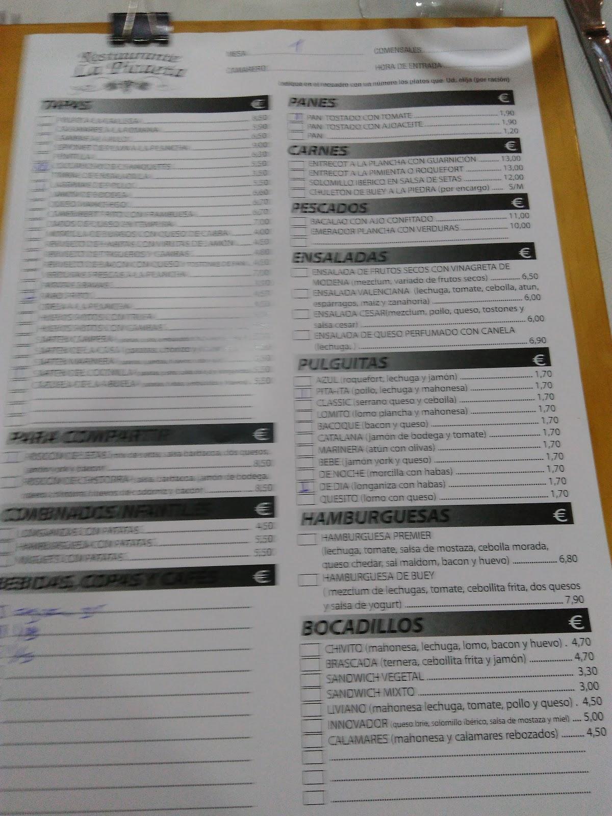 Carta de Restaurante la Picaeta Mislata, Mislata, Calle Tomas Sanz