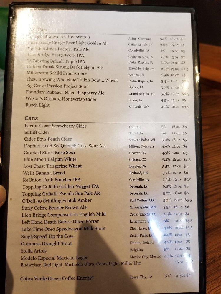 Carta del pub y bar The Map Room, Cedar Rapids