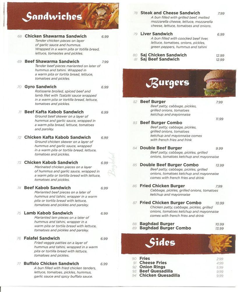 Menu at Baghdad Restaurant, Denver