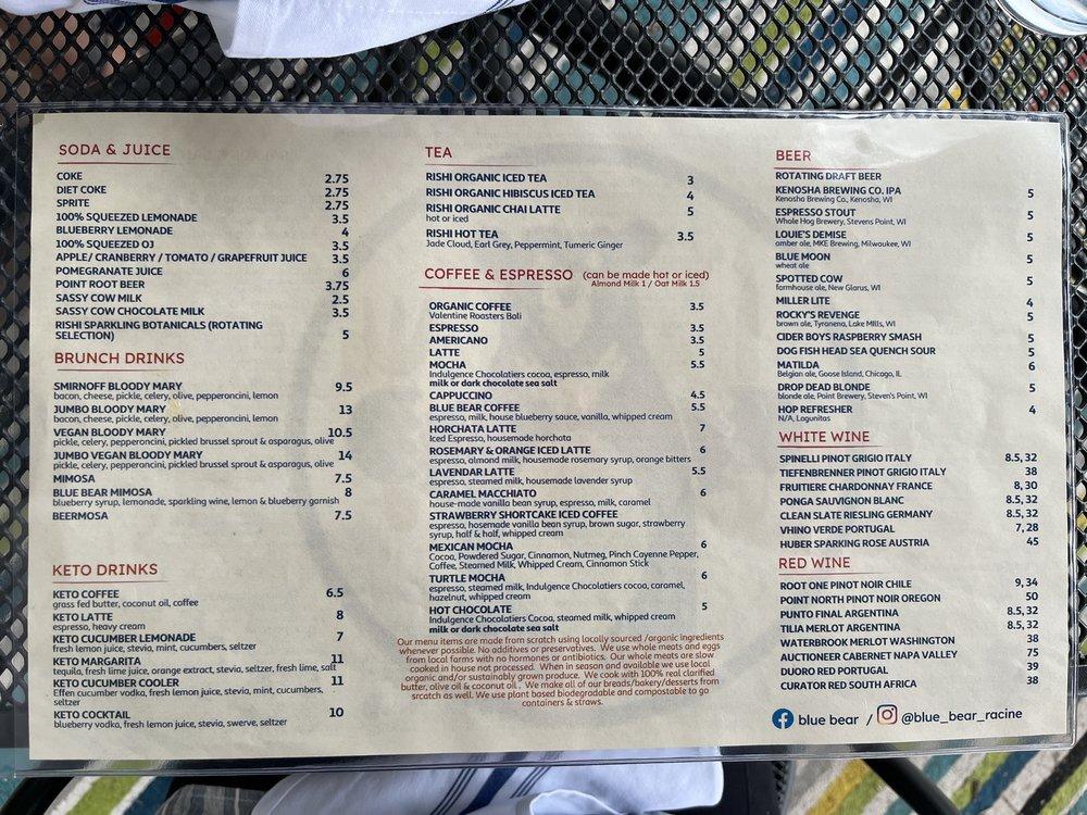 Menu at Blue Bear restaurant, Racine