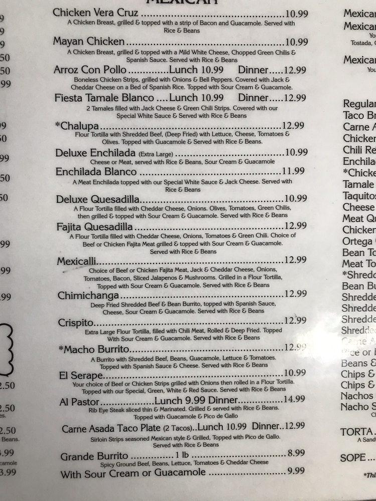 Menu at La Fiesta Mexican Restaurant, Ridgecrest